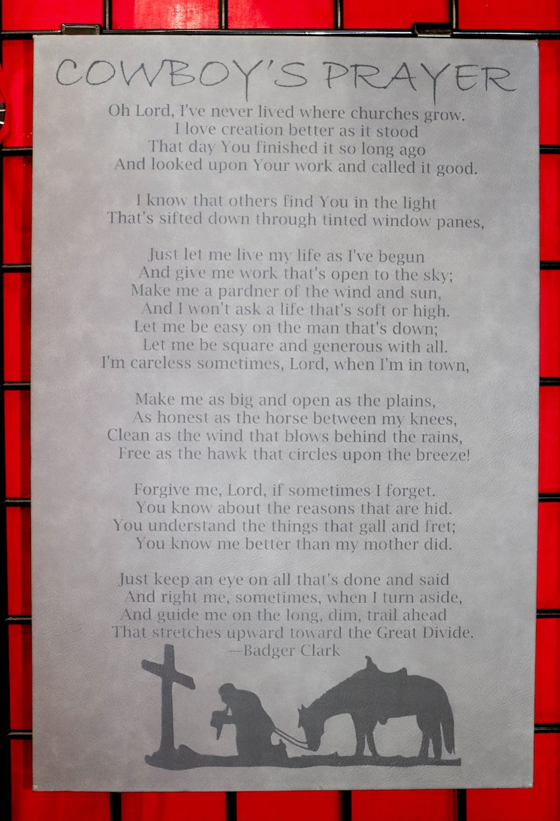 Laser Engraved Leather Cowboy's Prayer With Cowboy & Cross Silhouette ...