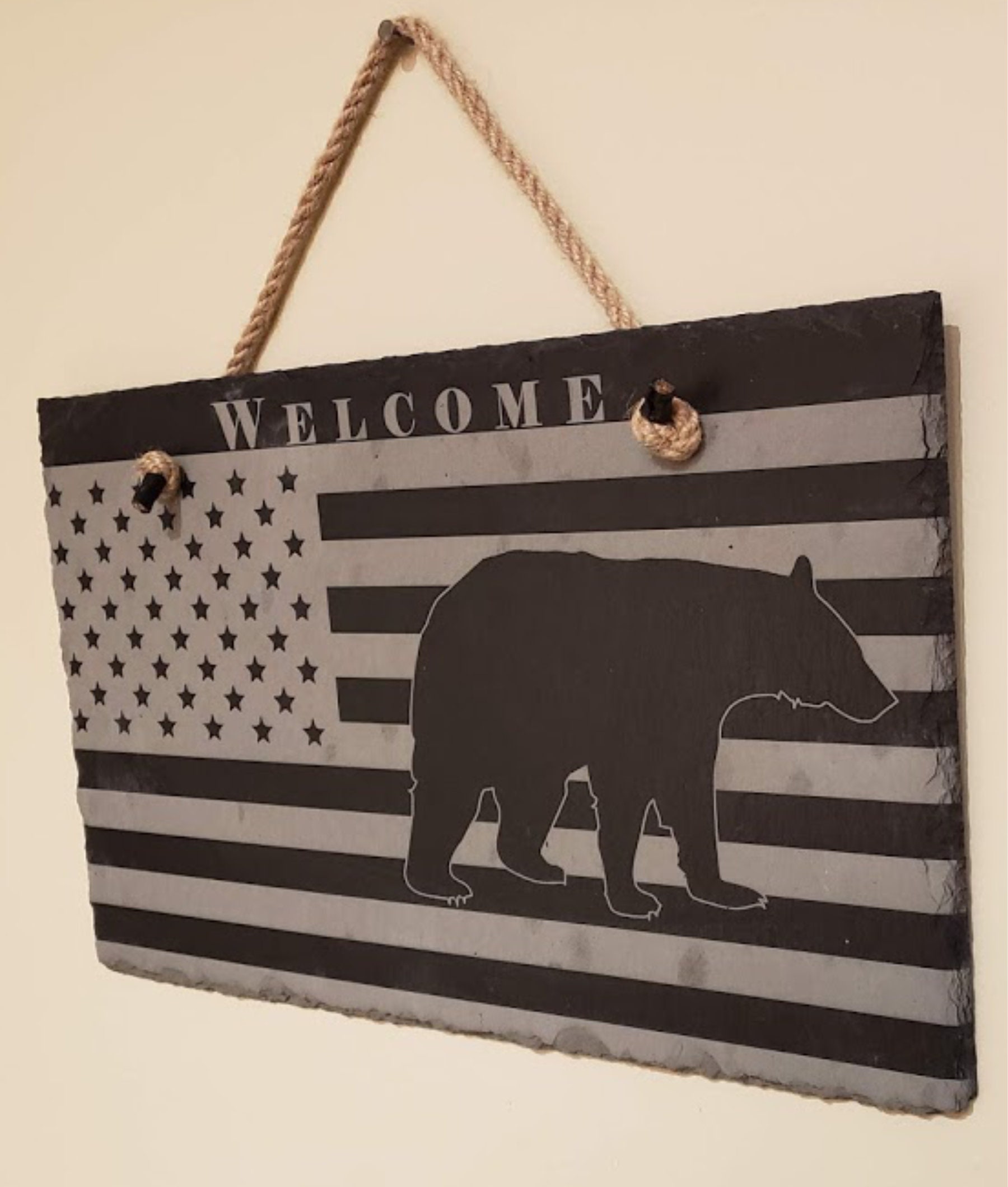 Laser Engraved Slate American Flag Welcome Sign With Bear Silhouette ...