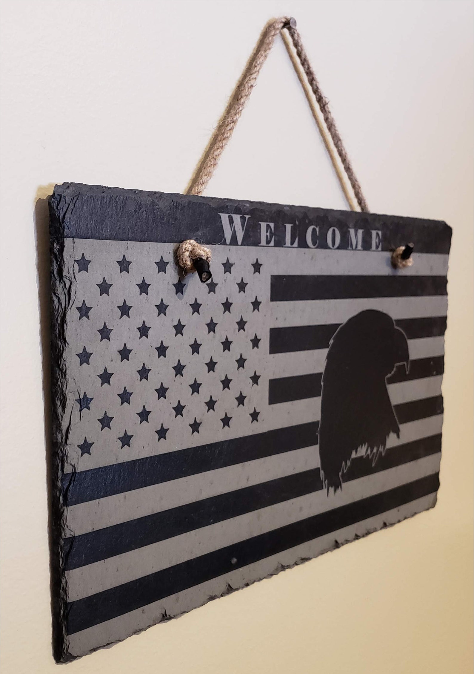 Laser Engraved Slate American Flag Welcome Sign With Eagle Silhouette ...