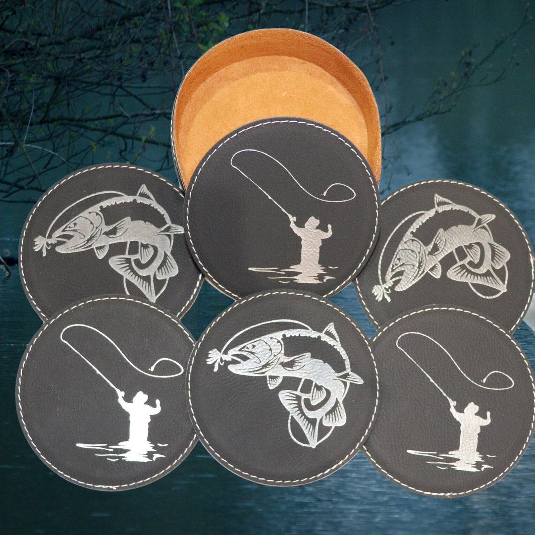 Leather Fly Fishing Coaster, Set of 6 With Holder, Fisherman Gift ...
