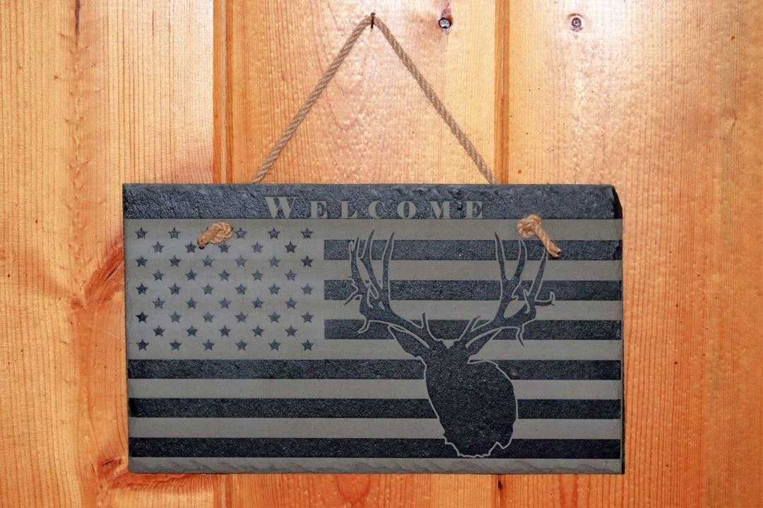 Laser Engraved Slate American Flag Welcome Sign With Mule Deer ...