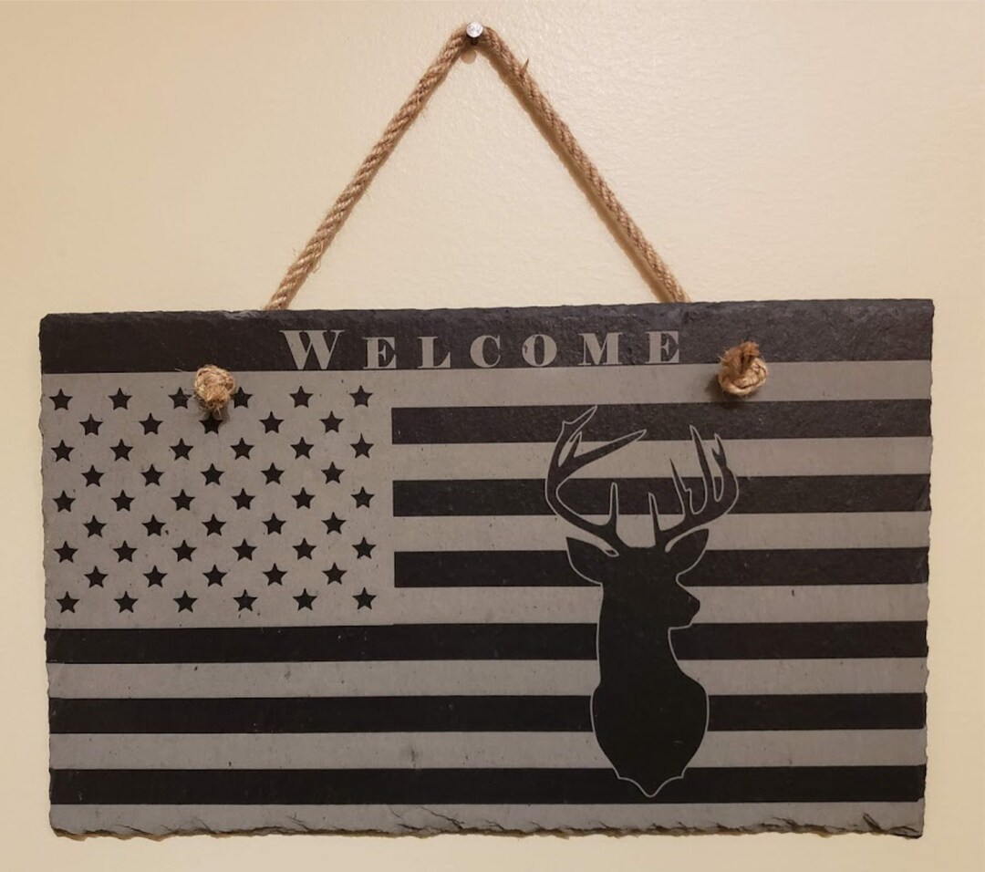 Laser Engraved Slate American Flag Welcome Sign With Deer Silhouette ...