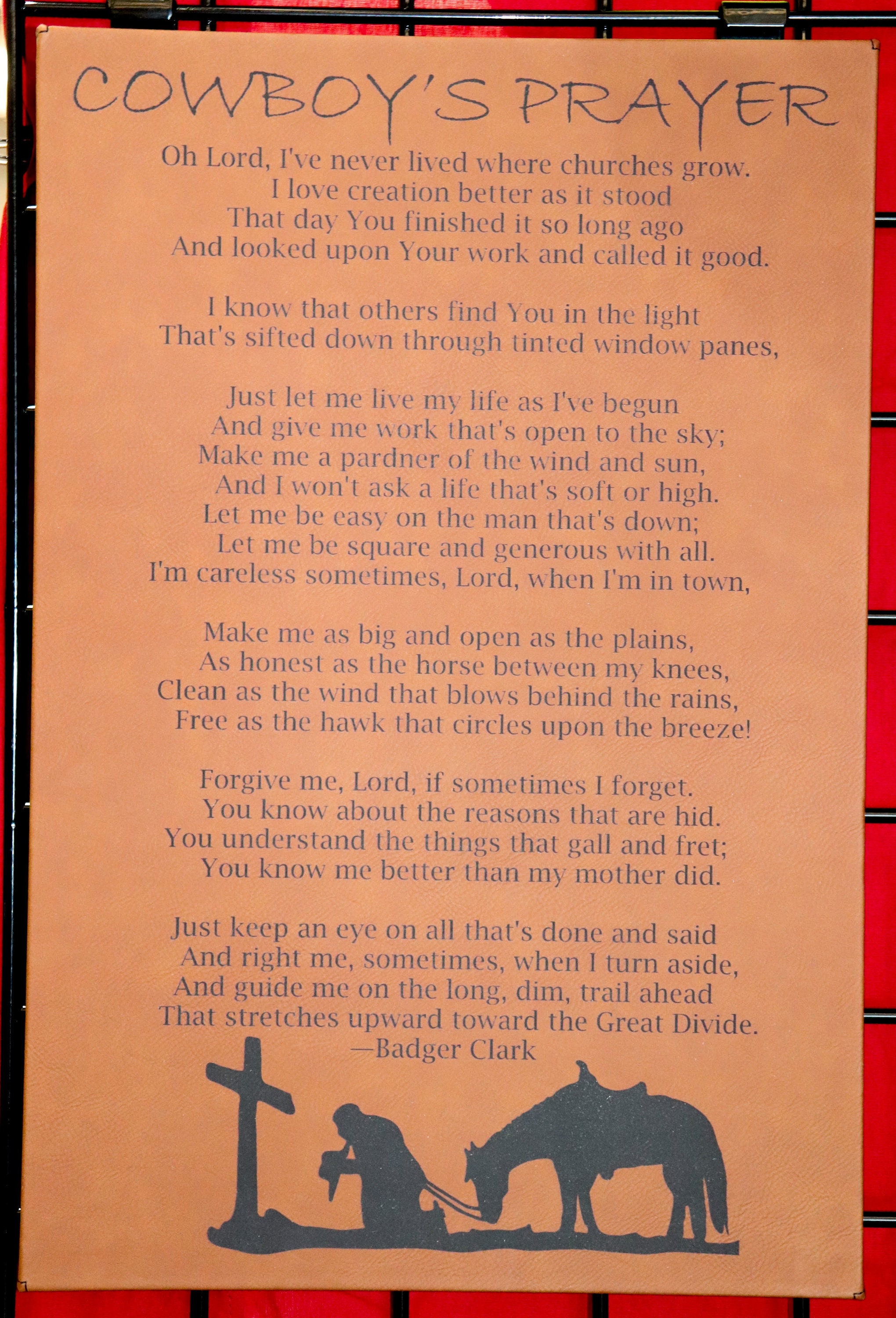 Laser Engraved Leather Cowboy's Prayer With Cowboy & Cross Silhouette ...