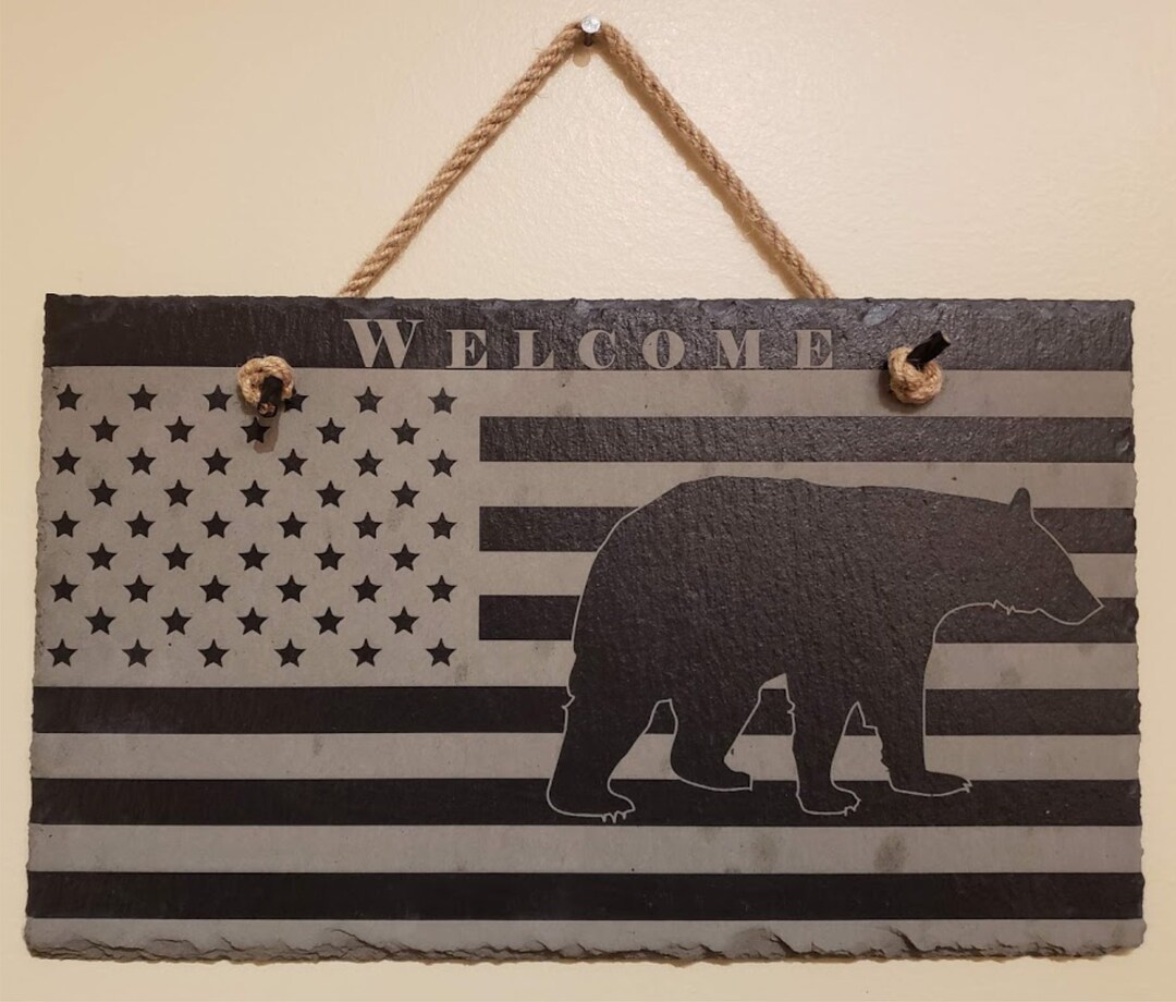 Laser Engraved Slate American Flag Welcome Sign With Bear Silhouette ...