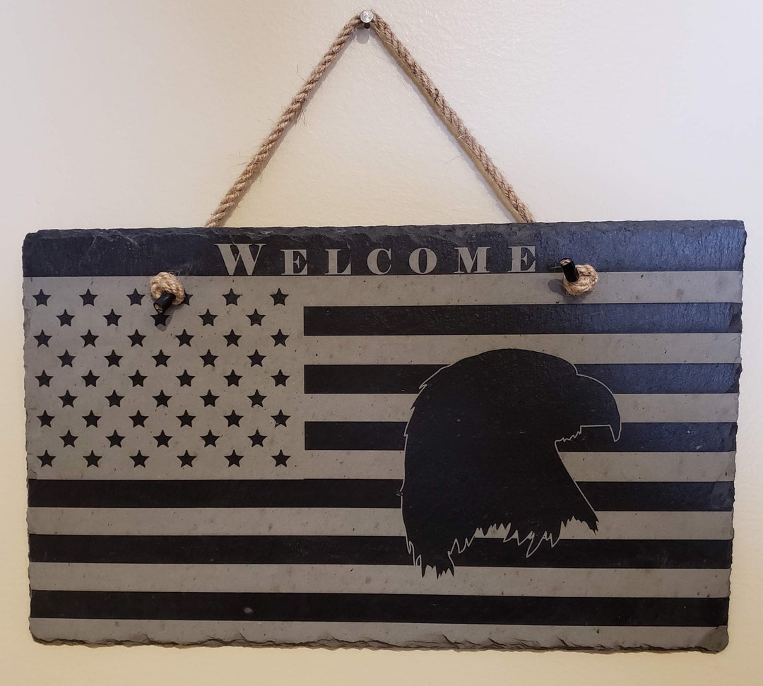 Laser Engraved Slate American Flag Welcome Sign With Eagle Silhouette ...