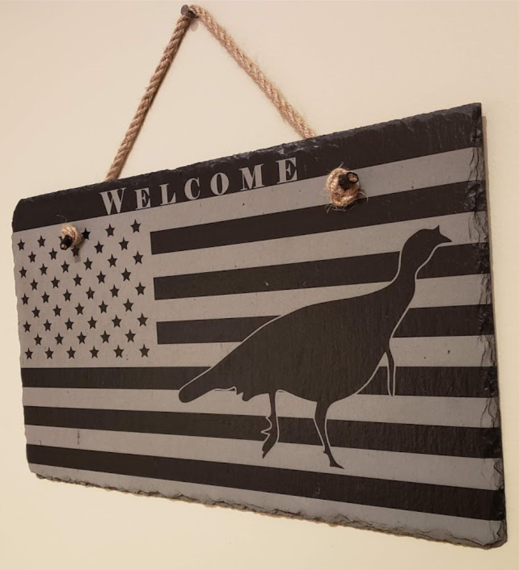 Laser Engraved Slate American Flag Welcome Sign With Turkey Silhouette ...