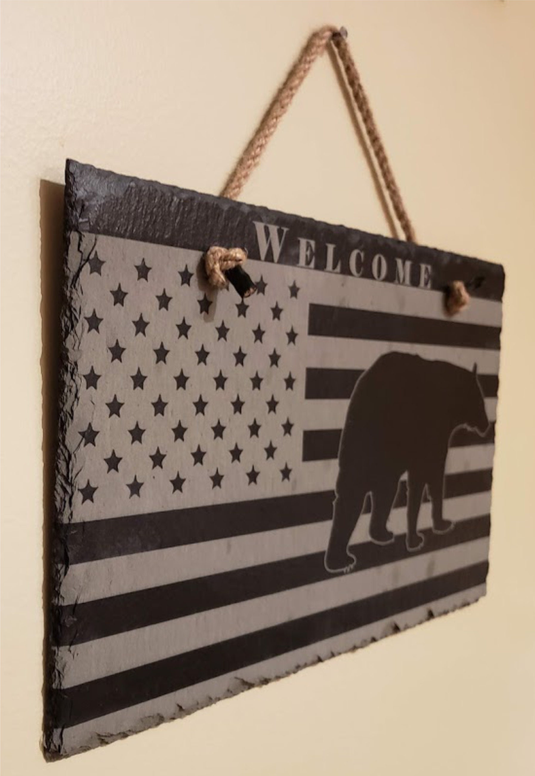 Laser Engraved Slate American Flag Welcome Sign With Bear Silhouette ...