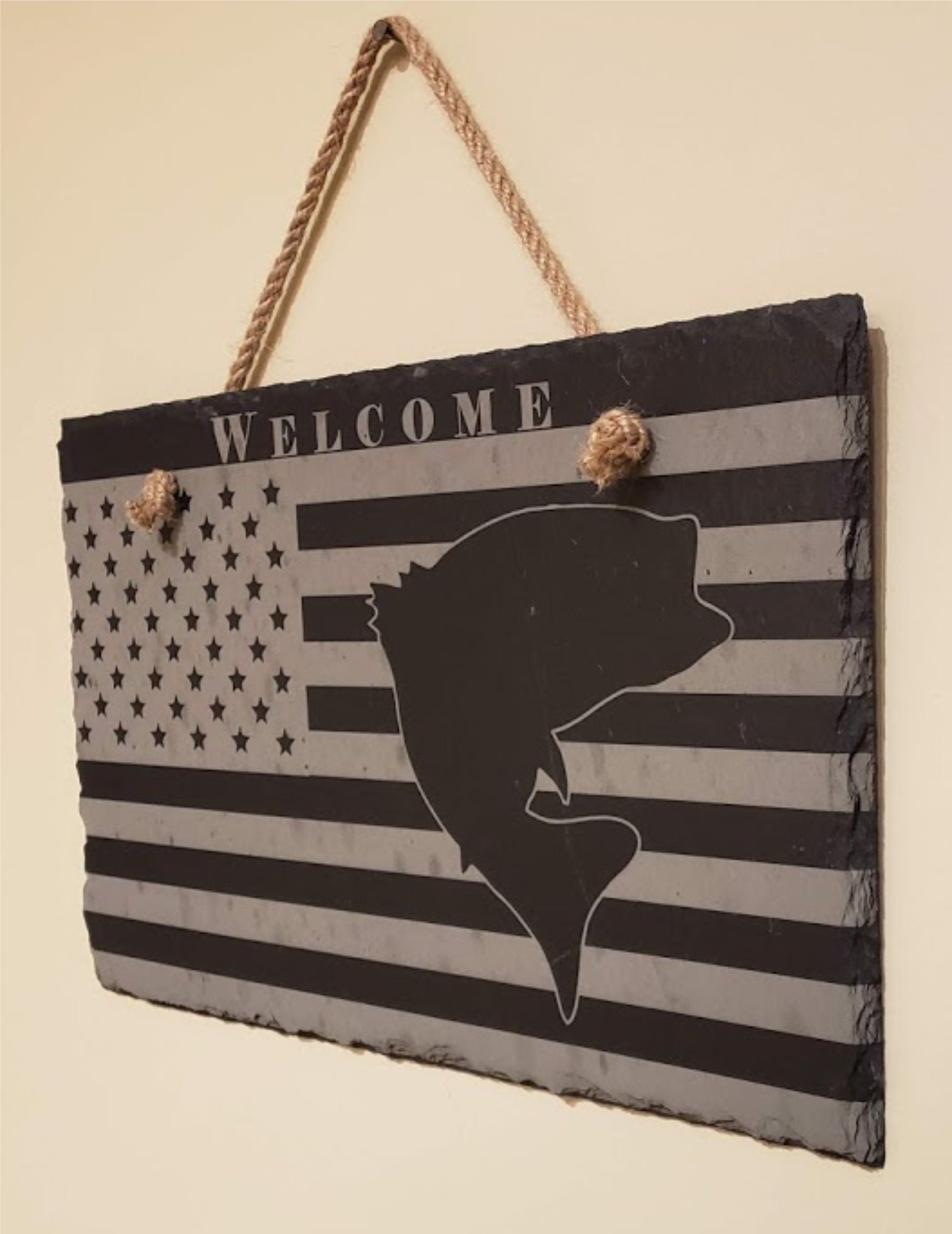 Laser Engraved Slate American Flag Welcome Sign With Fish Silhouette ...