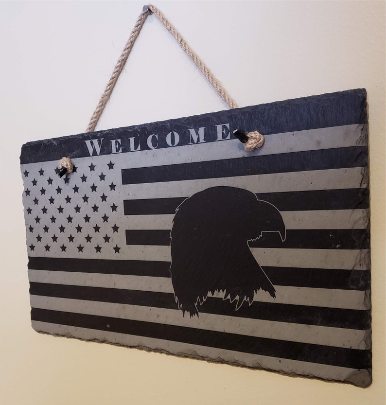 Laser Engraved Slate American Flag Welcome Sign With Eagle Silhouette ...