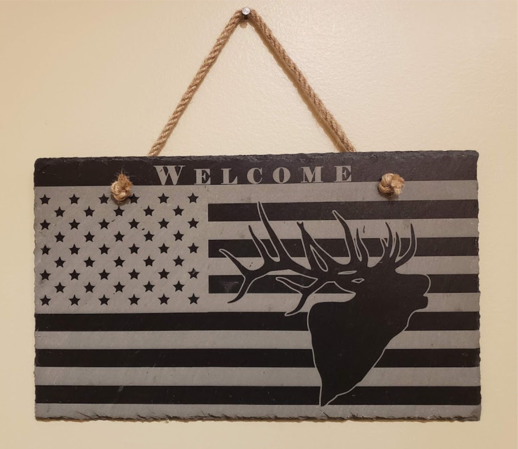 Laser Engraved Slate American Flag Welcome Sign With Elk Silhouette ...