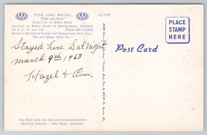 50s Postcard, Montgomery, Alabama, Pine Lake Motel, Saxon's, Candy ...