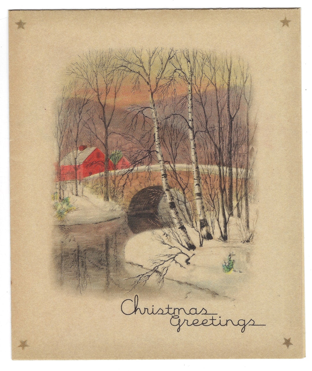 Vintage Early Mid Century Christmas Greeting Card, Snowy Winter Scene ...