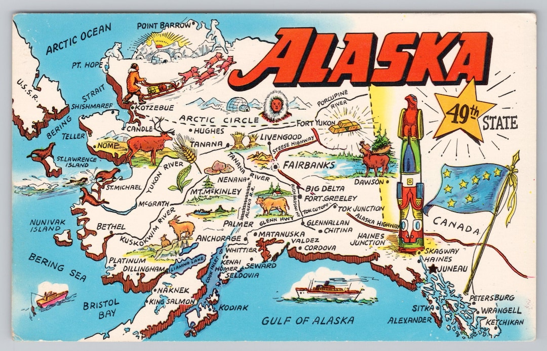 Alaska AK State Map Towns Chrome Postcard 1968 0737 - Etsy