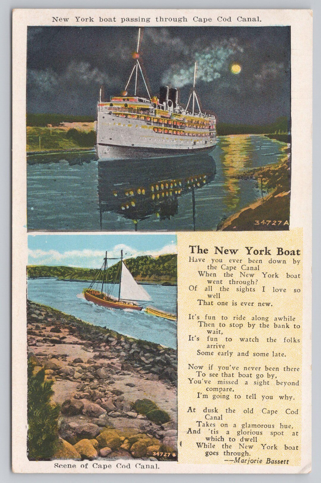 New York Boat Cape Cod Canal Mass Poem M Bassett C1940s Linen Postcard ...