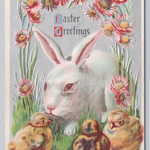 Antique Easter Rabbit Postcard Easter Bunny Chicks Florals on Silver ...
