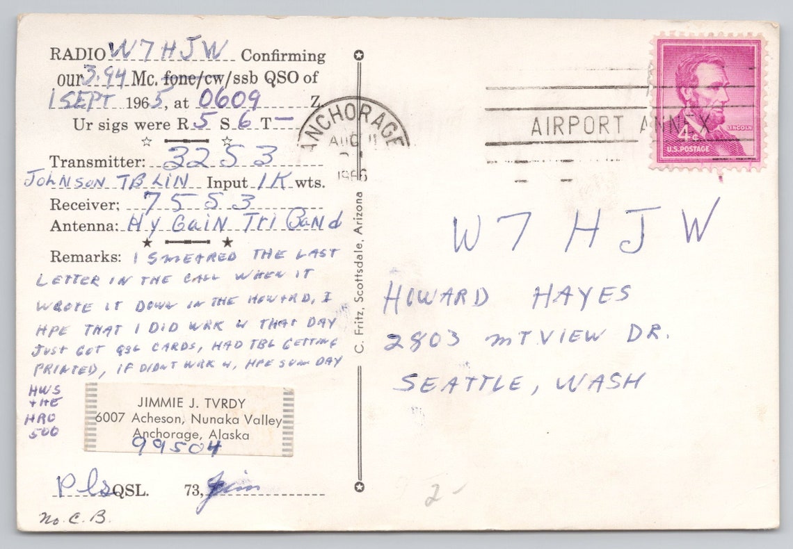 QSL Postcard, Amateur Ham Radio KL7CDG Anchorage AK 0750 - Etsy