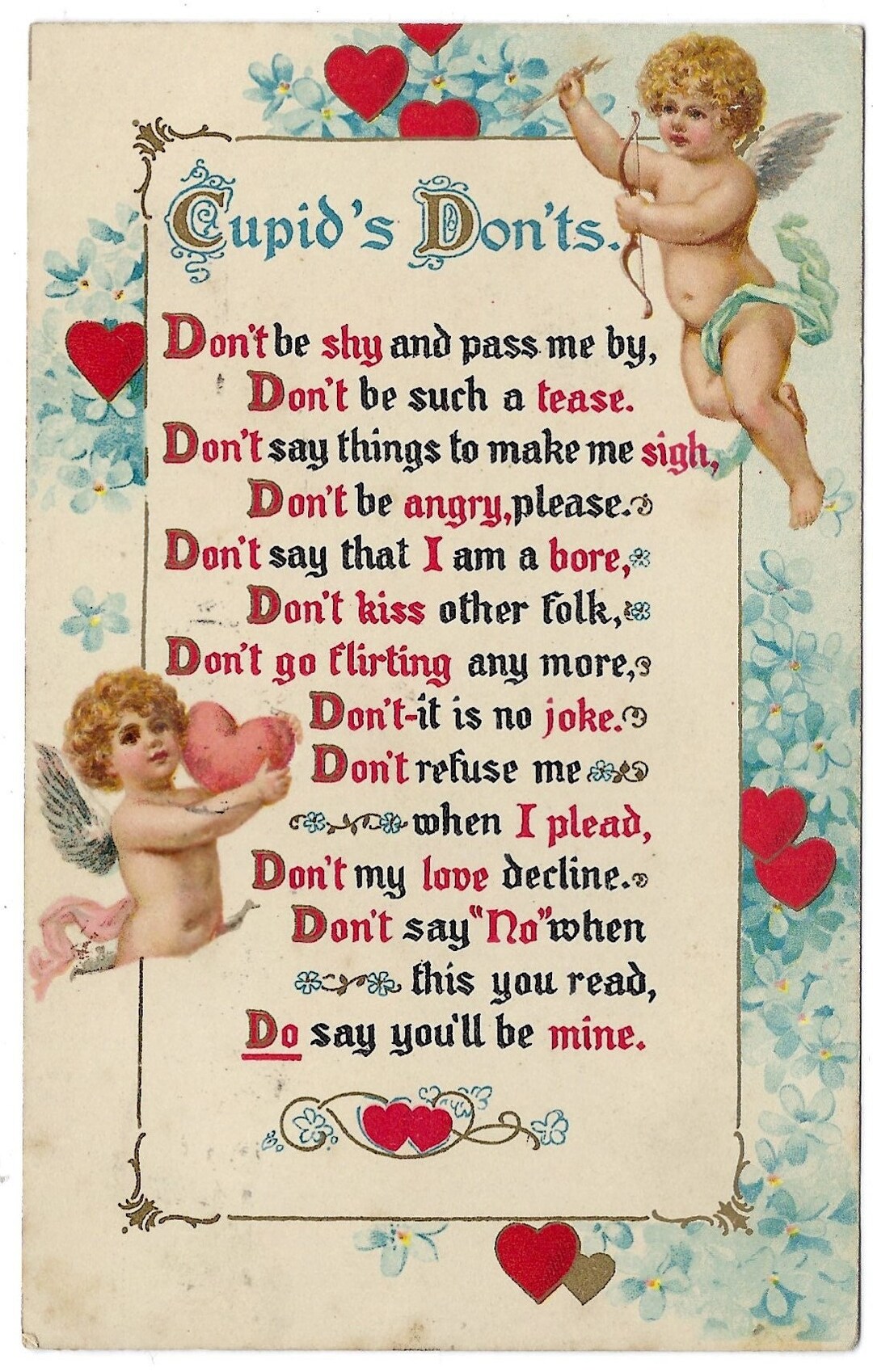 Valentine's Day Cupid's Don'ts Poem Verse C1906 Vintage Postcard AL - Etsy