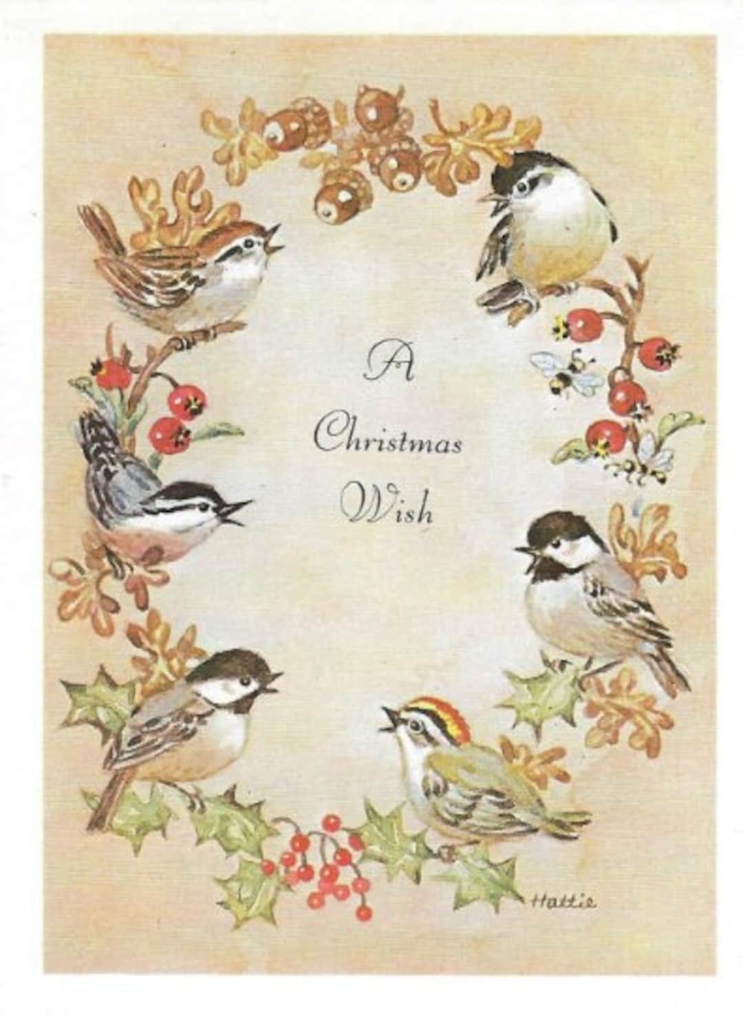 Vintage Christmas Card by Marian Heath, Birds on a Wreath, A Christmas ...