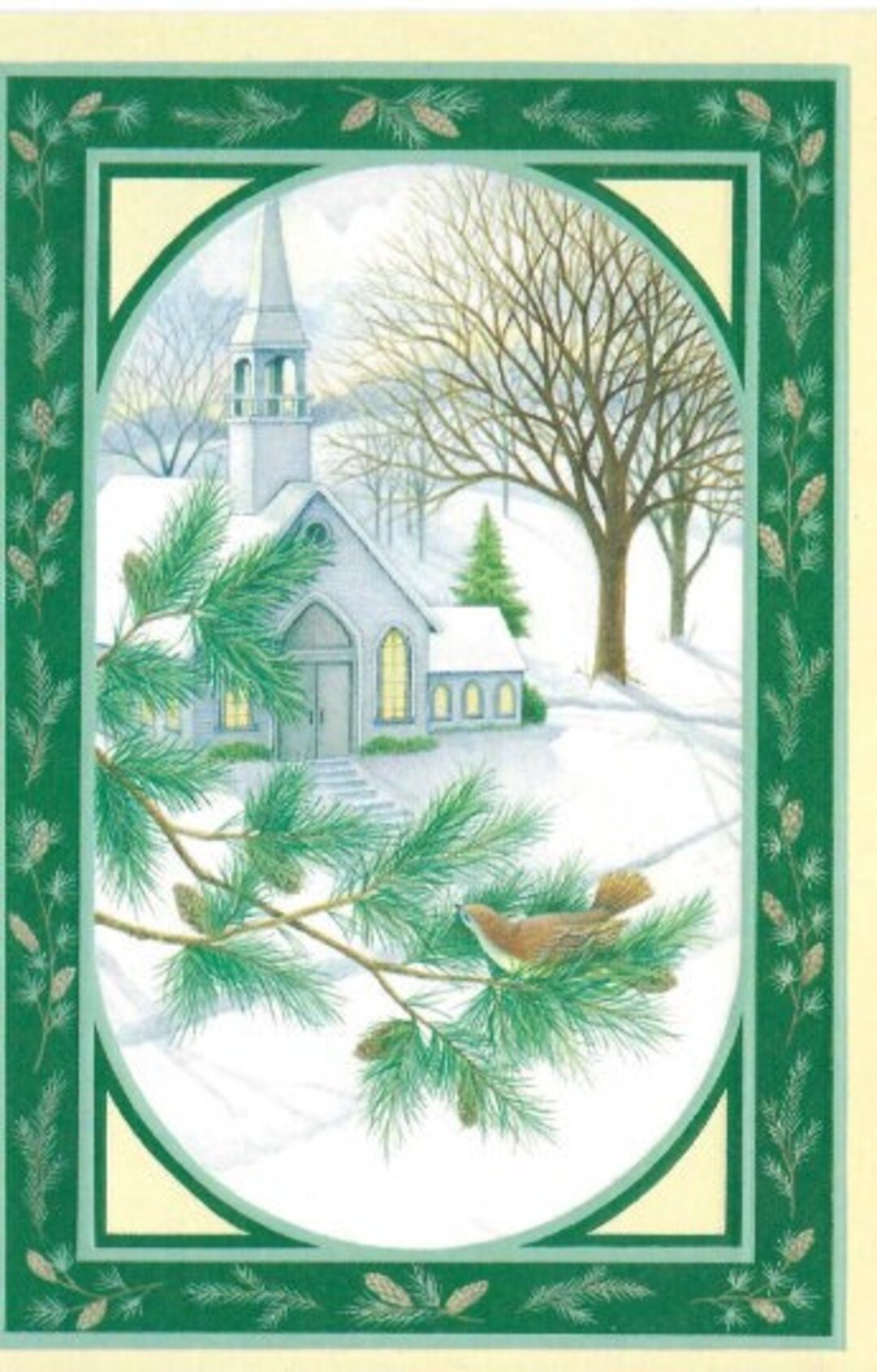 Vintage Hallmark Christmas Card, Green Border, Bird, Snowy Church Scene ...