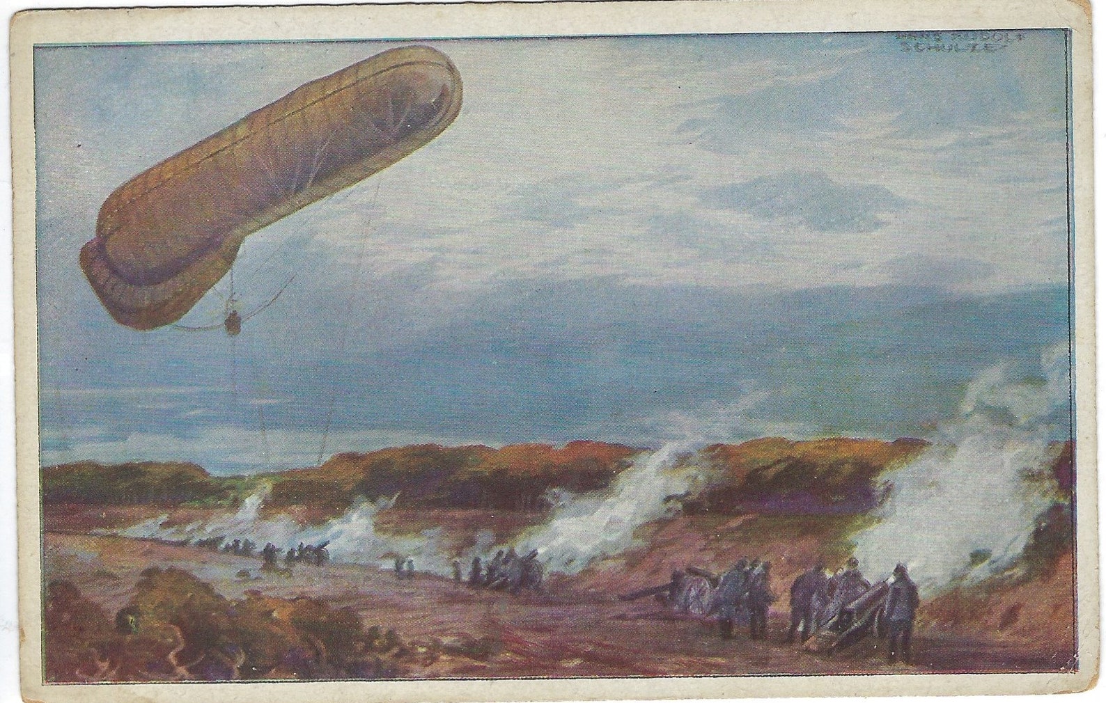 Lithograph, German Zeppelin, WWI Battle Scene, Artist-signed, Unposted ...