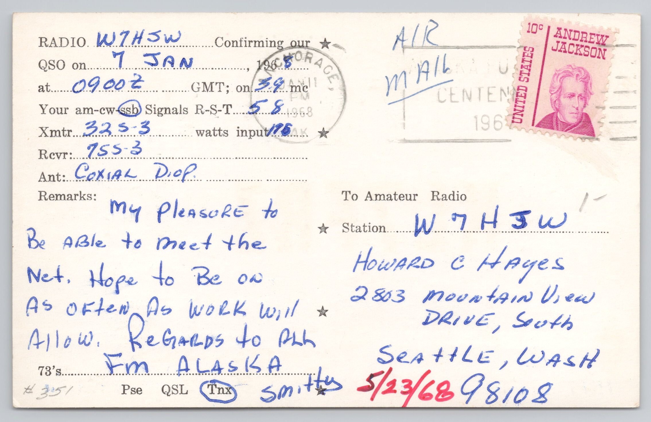 1968 Amateur Ham Radio QSL Card Anchorage Alaska KL7FPG James K Smith ...