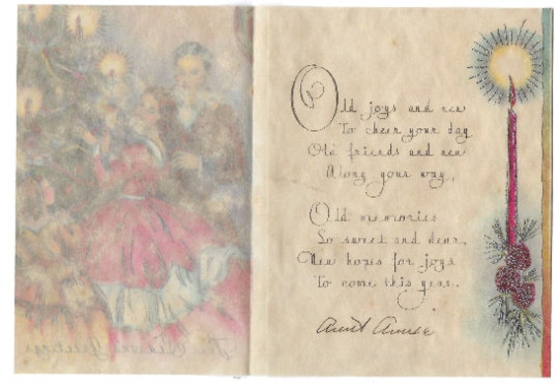 Vintage Christmas Card, Victorian Family and Tree, Vellum Paper, Signed ...