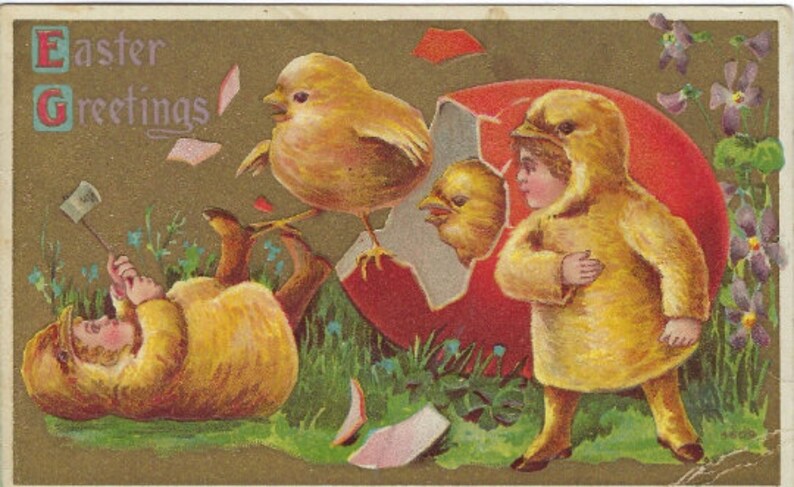 Happy Easter Baby Chicks Eggs Fantasy Child Hatching Embossed Vintage ...