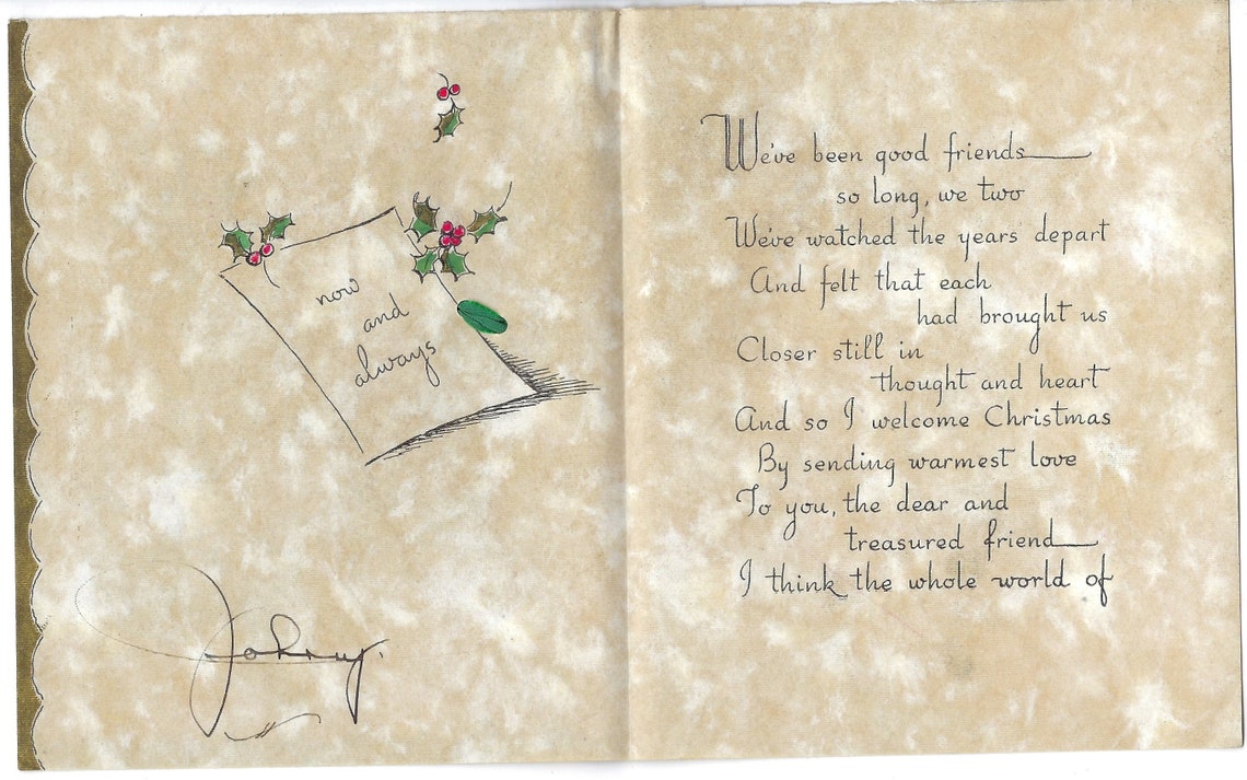 Vintage Norcross 1930’s Christmas Card, Actual Green Ribbon Bow ...