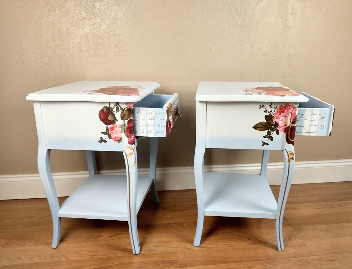 French Blue Nightstands, Farmhouse End Tables, Pair Bedside Tables - Etsy