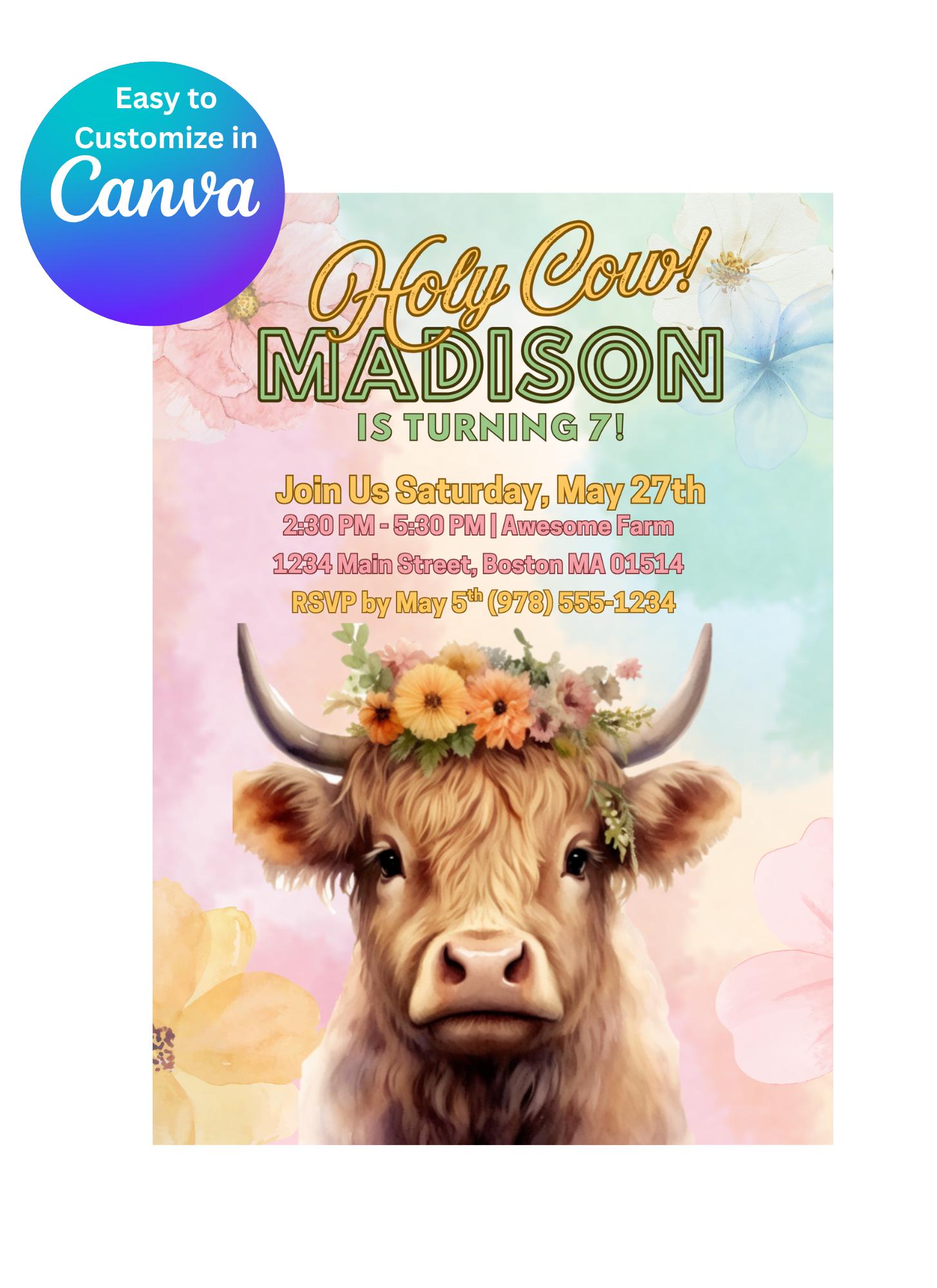 Holy Cow Birthday Invitation Girl | Floral Highland Cow Invite ...