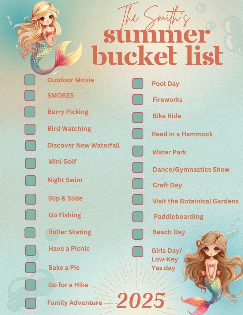 Mermaid Summer Bucket List | Printable Activity Checklist for Kids ...