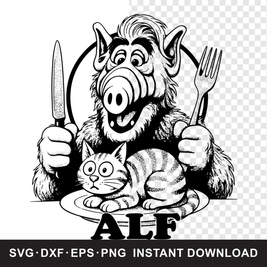 Christmas Alf With Cat Clipart, Melmac Alien Style Engraving Art, Cute ...