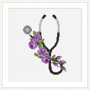 Stethoscope Cross Stitch Pattern Pdf, Floral Stethoscope Counted Cross ...