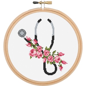 Stethoscope Cross Stitch Pattern Pdf, Floral Stethoscope Counted Cross ...