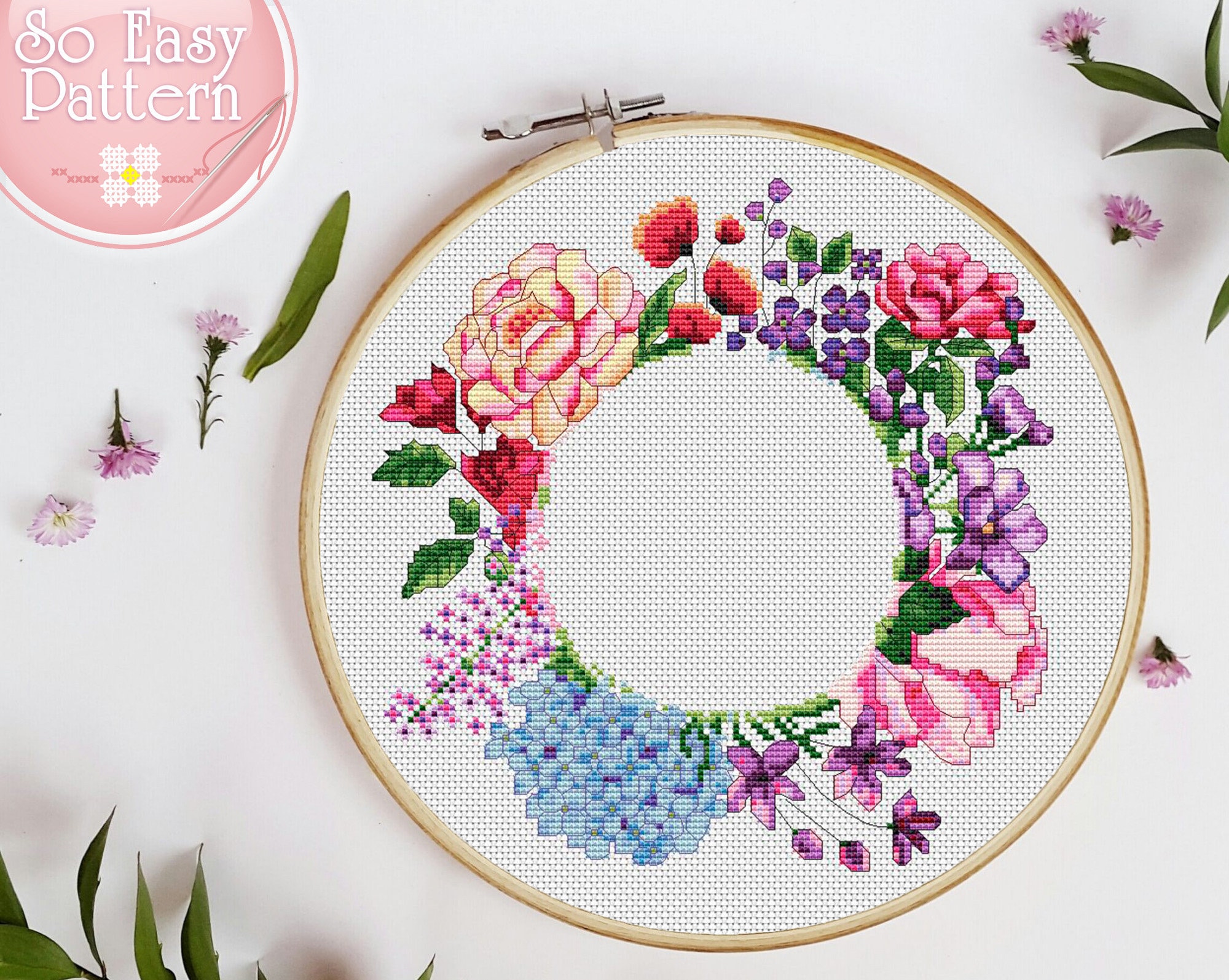 Floral Wreath Cross Stitch Pattern PDF Flower Cross Stitch | Etsy