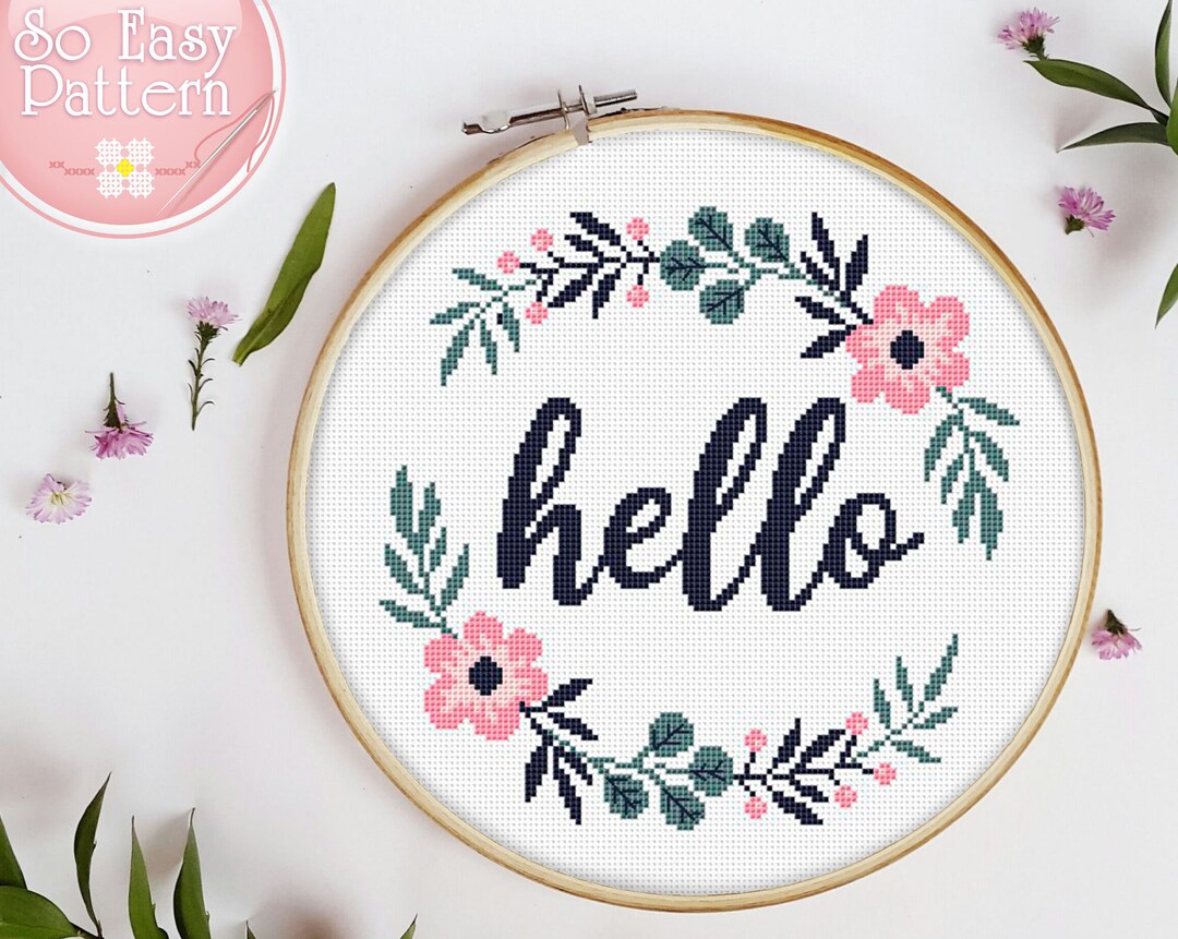 Hello Cross Stitch Pattern Pdf, Funny Text Cross Stitching, Floral ...