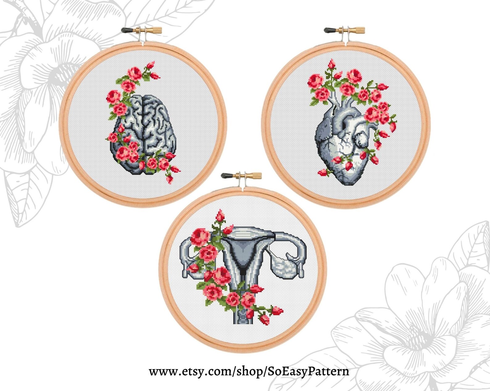 SET 3 Anatomical Cross Stitch Chart Floral Anatomy Cross Stitch Pattern ...