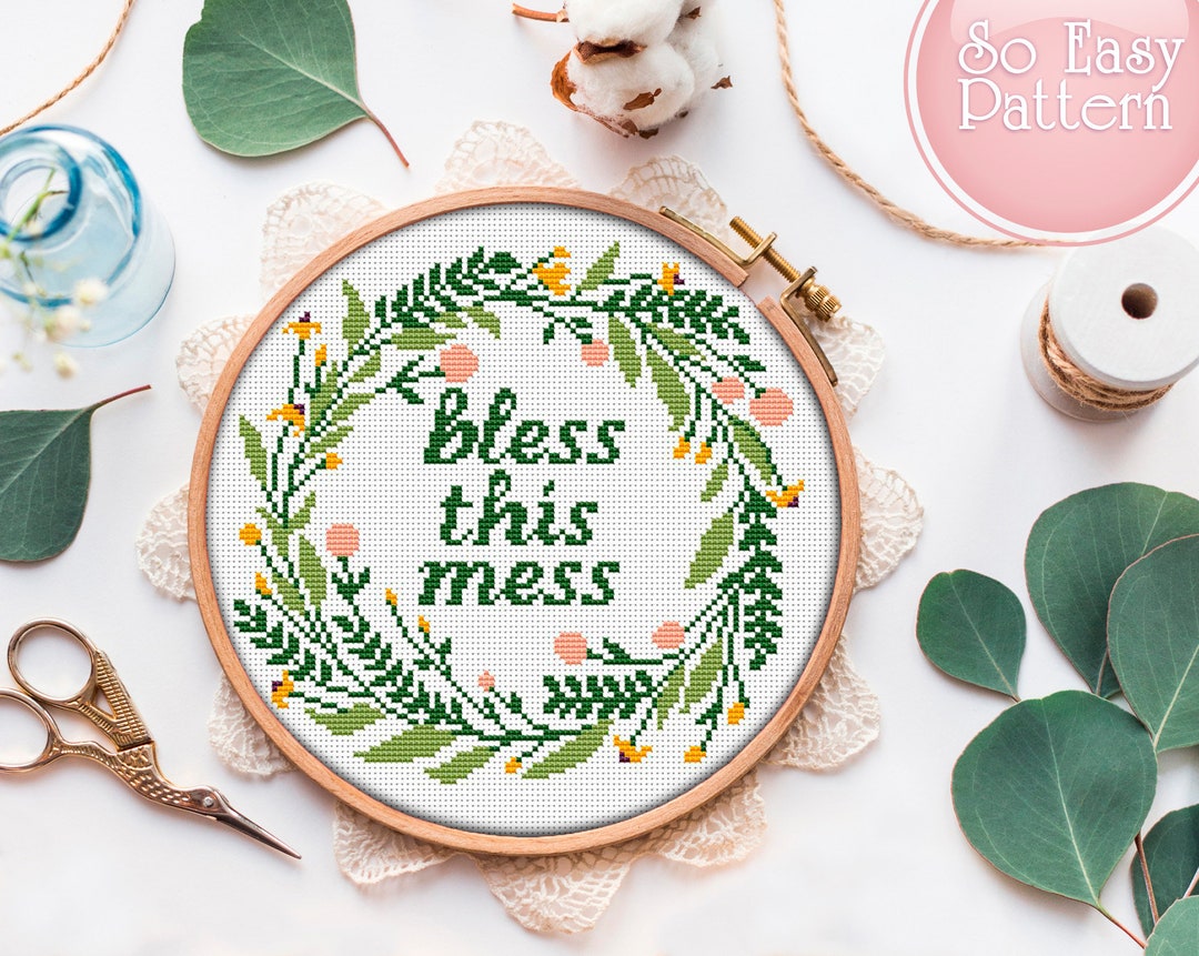 Bless This Mess Quote Cross Stitch PDF Pattern Funny Xstitch Chart ...