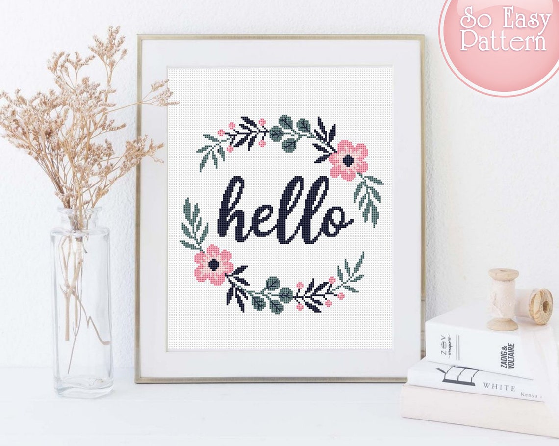 Hello Cross Stitch Pattern Pdf, Funny Text Cross Stitching, Floral ...