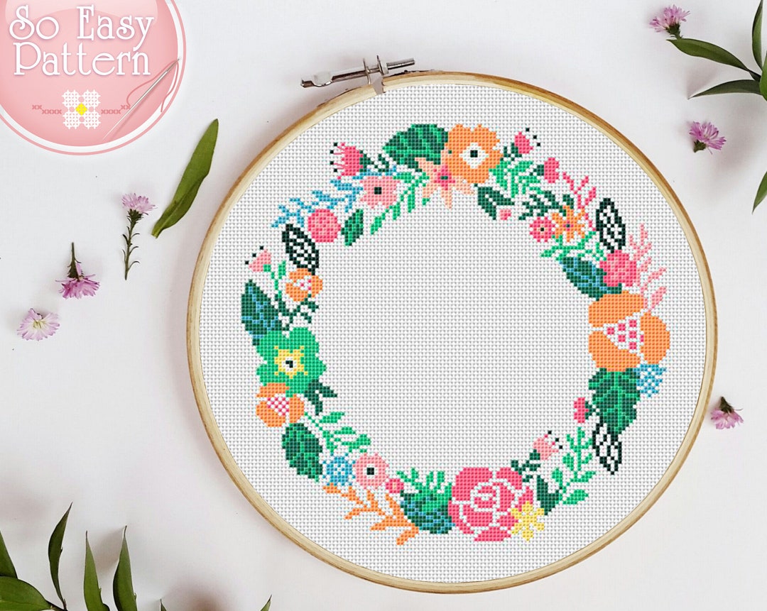 Floral Wreath Cross Stitch Pattern PDF, Flower Cross Stitch, Modern ...
