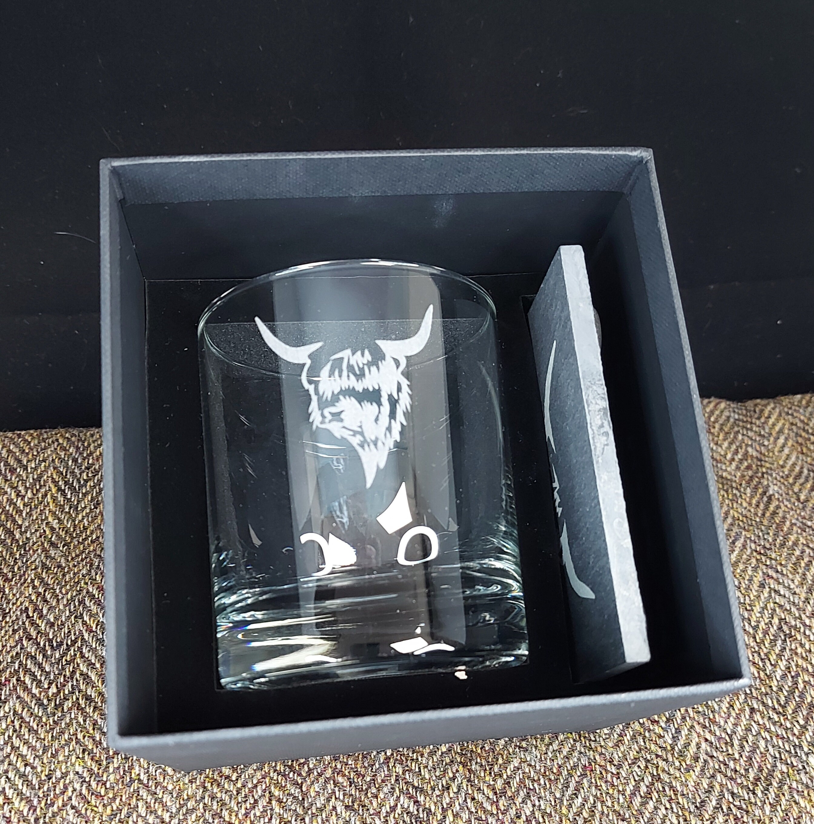 Laser Engraved Highland Cow Design Whisky Tumbler Slate Coaster Gift ...