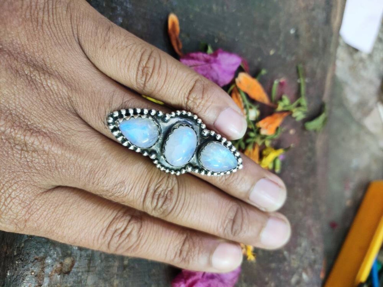 Long Moonstone Ring Sterling Silver Three Stone Ring Black | Etsy