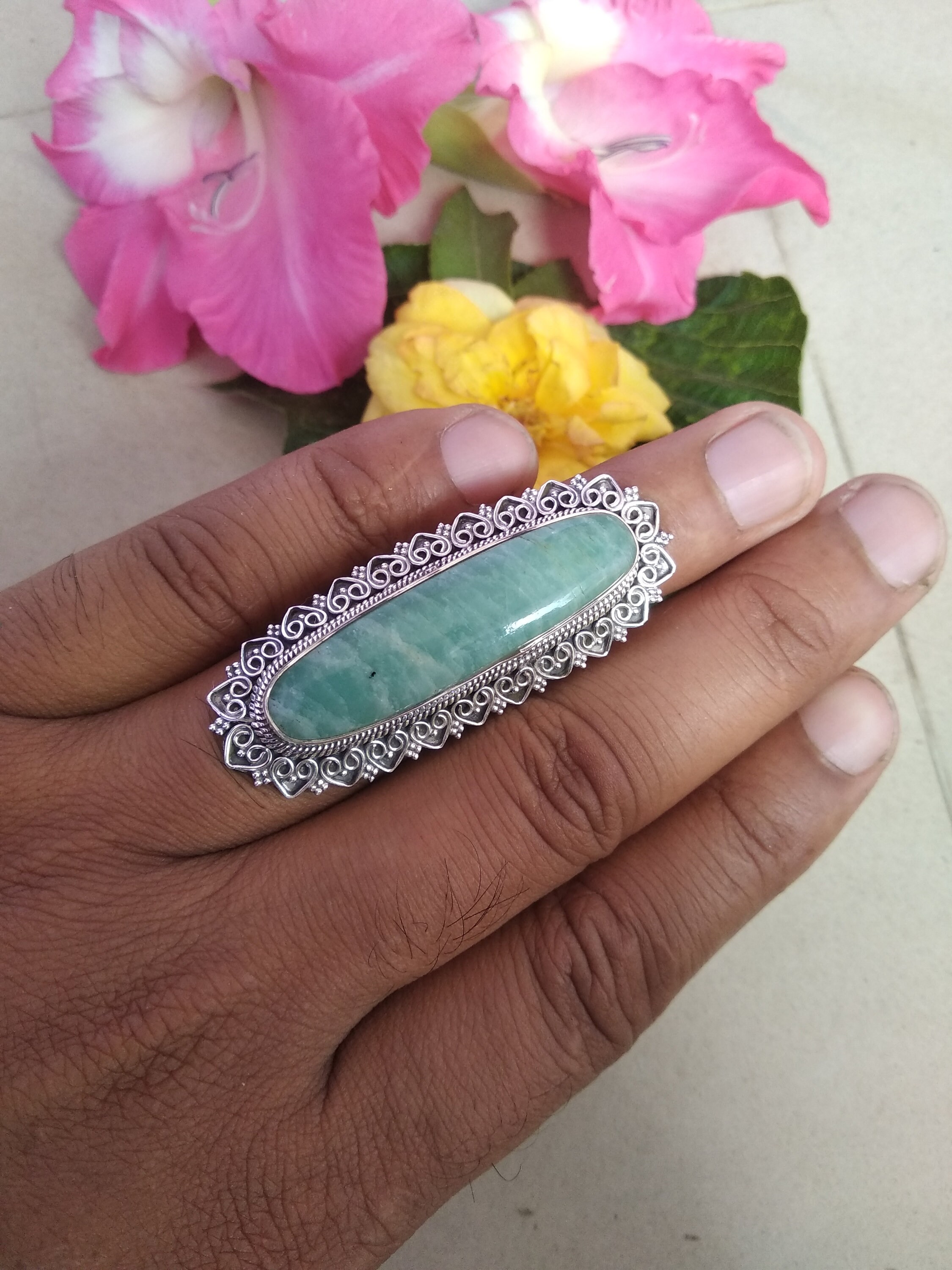Amazonite Ring Sterling Silver Long Stone Ring Statement Ring - Etsy India