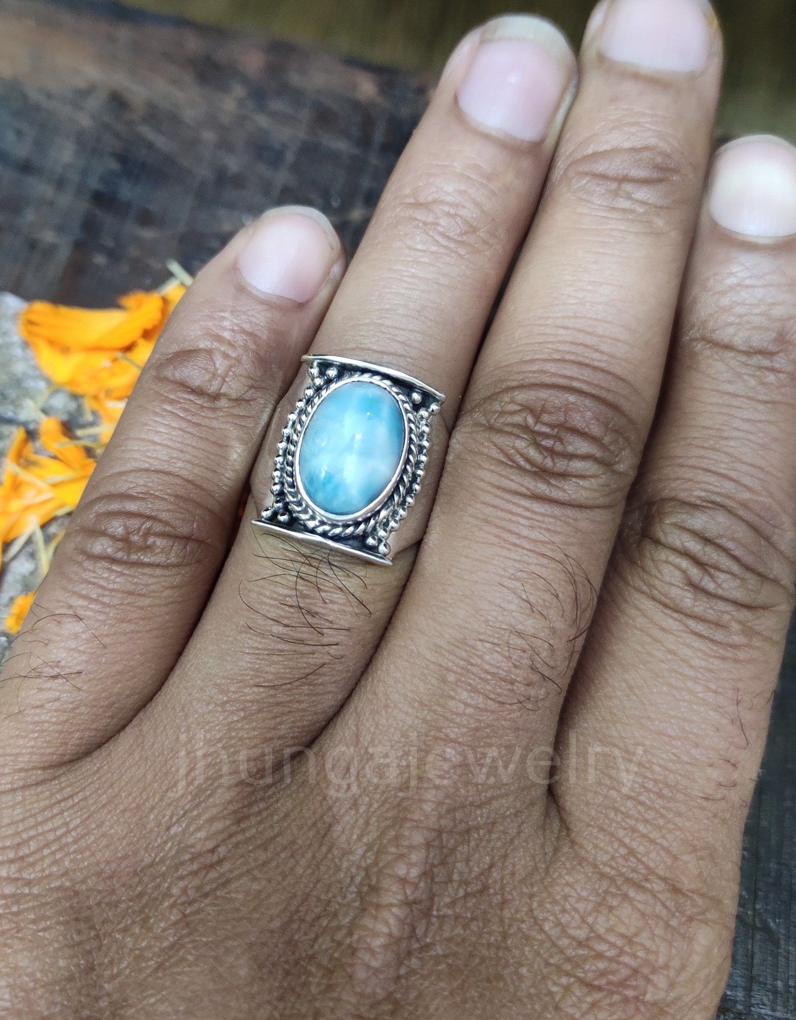 Larimar Ring Sterling Silver Wide Band Ring Dominican Larimar | Etsy India