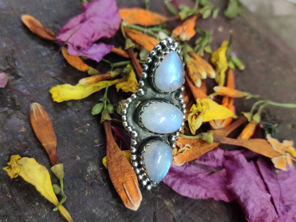 Long Moonstone Ring Sterling Silver Three Stone Ring Black | Etsy
