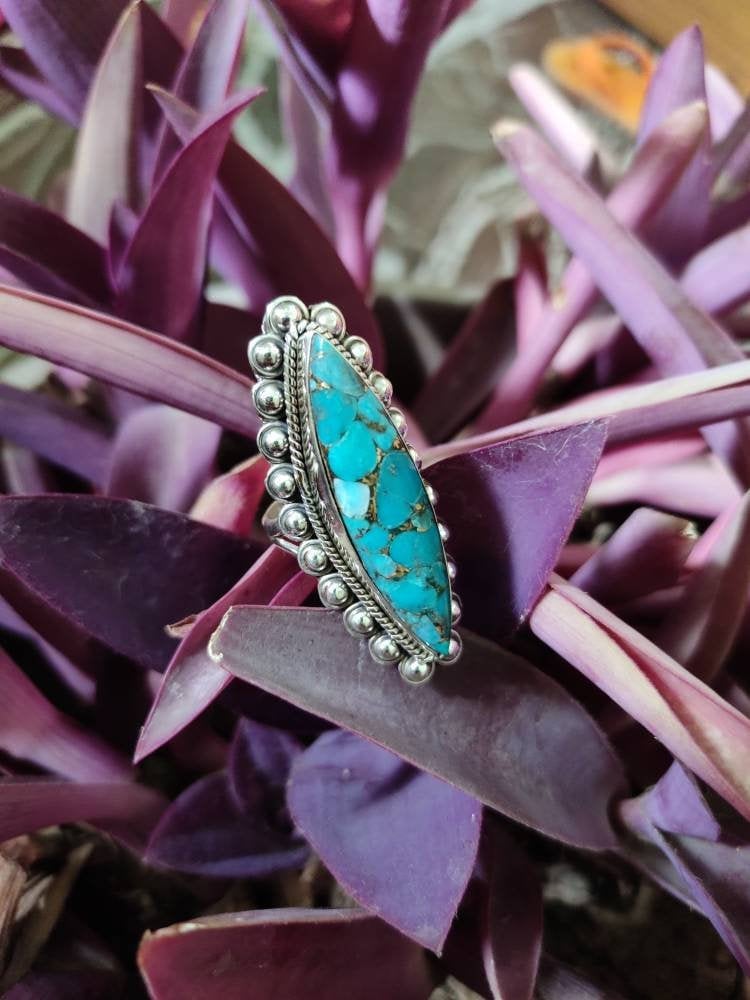 Blue Copper Turquoise Ring Sterling Silver Long Ring Statement | Etsy India
