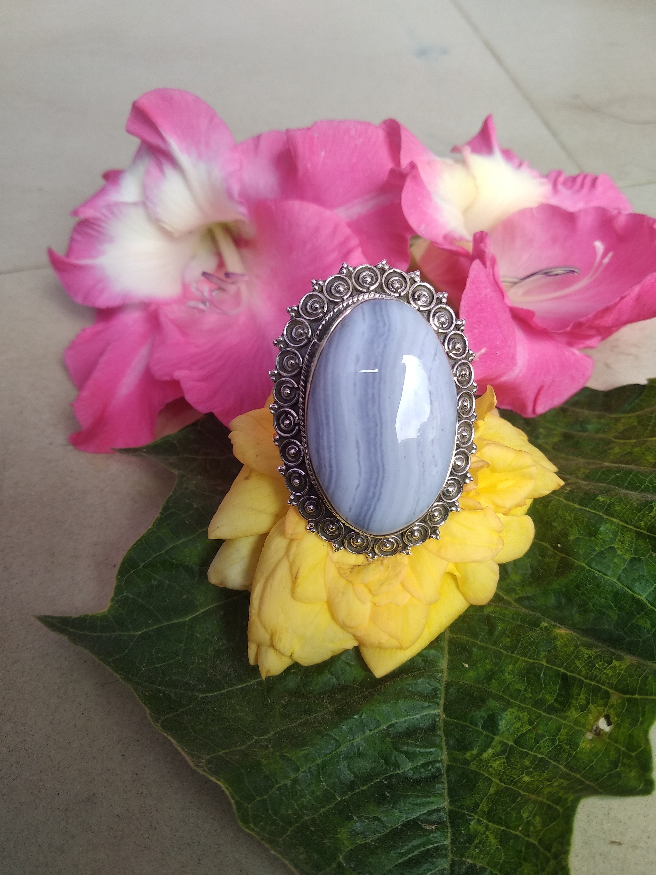 Blue Lace Agate Ring Sterling Silver Designer Ring Large | Etsy