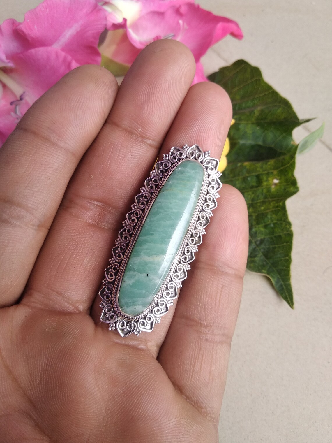 Amazonite Ring Sterling Silver Long Stone Ring Statement Ring - Etsy India