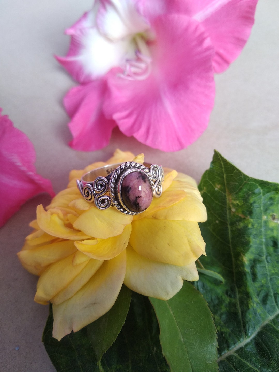 Rhodonite Ring, Sterling Silver Ring, Bohemian Ring, Statement Ring ...