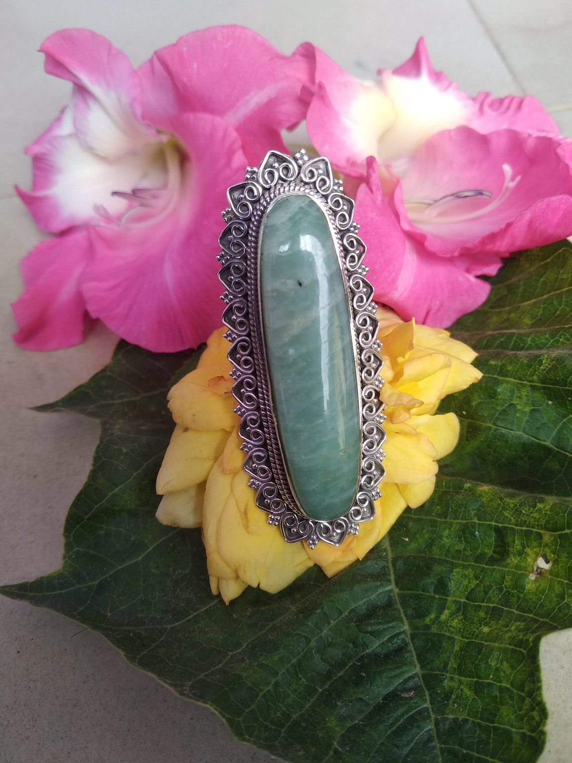 Amazonite Ring Sterling Silver Long Stone Ring Statement Ring - Etsy India